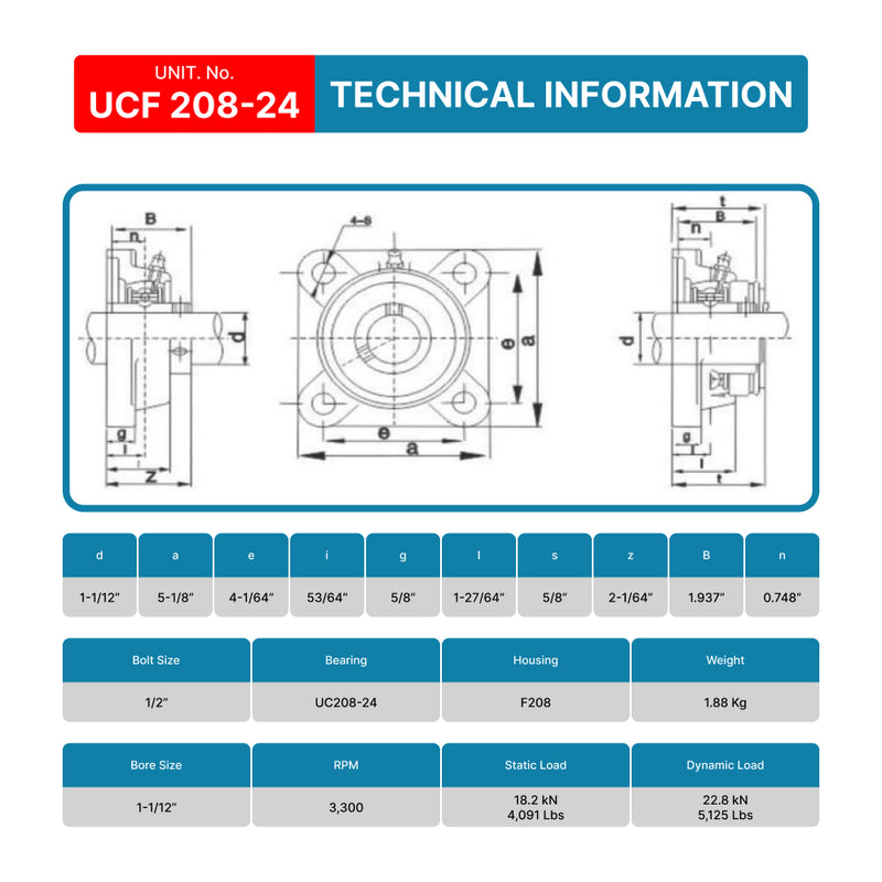 UCF208-24 Pillow Block Square Flange Bearing 1-1/2" – PGN – PGN Bearings